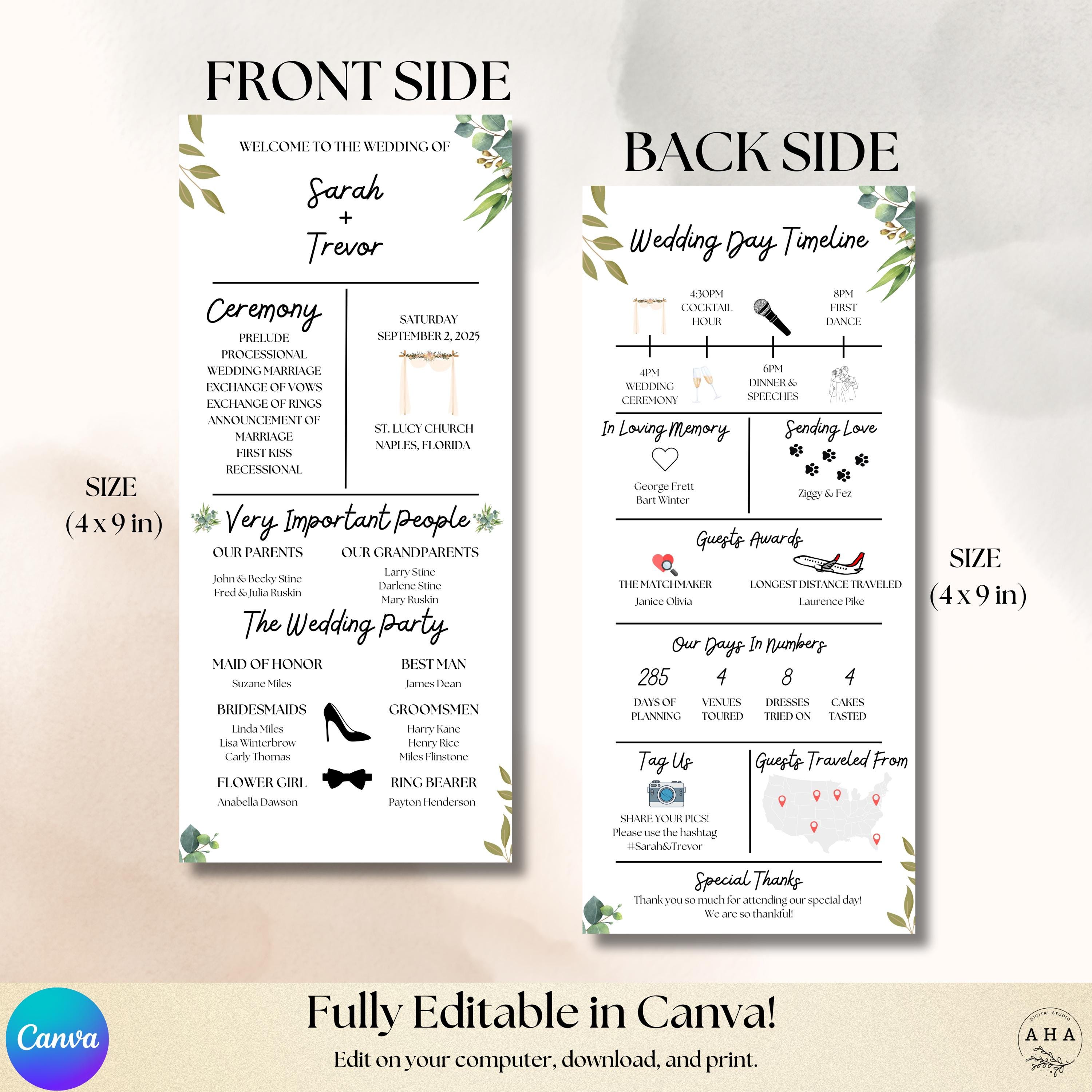 Modern Editable Wedding Program Template, Ceremony Program, Wedding Day ...