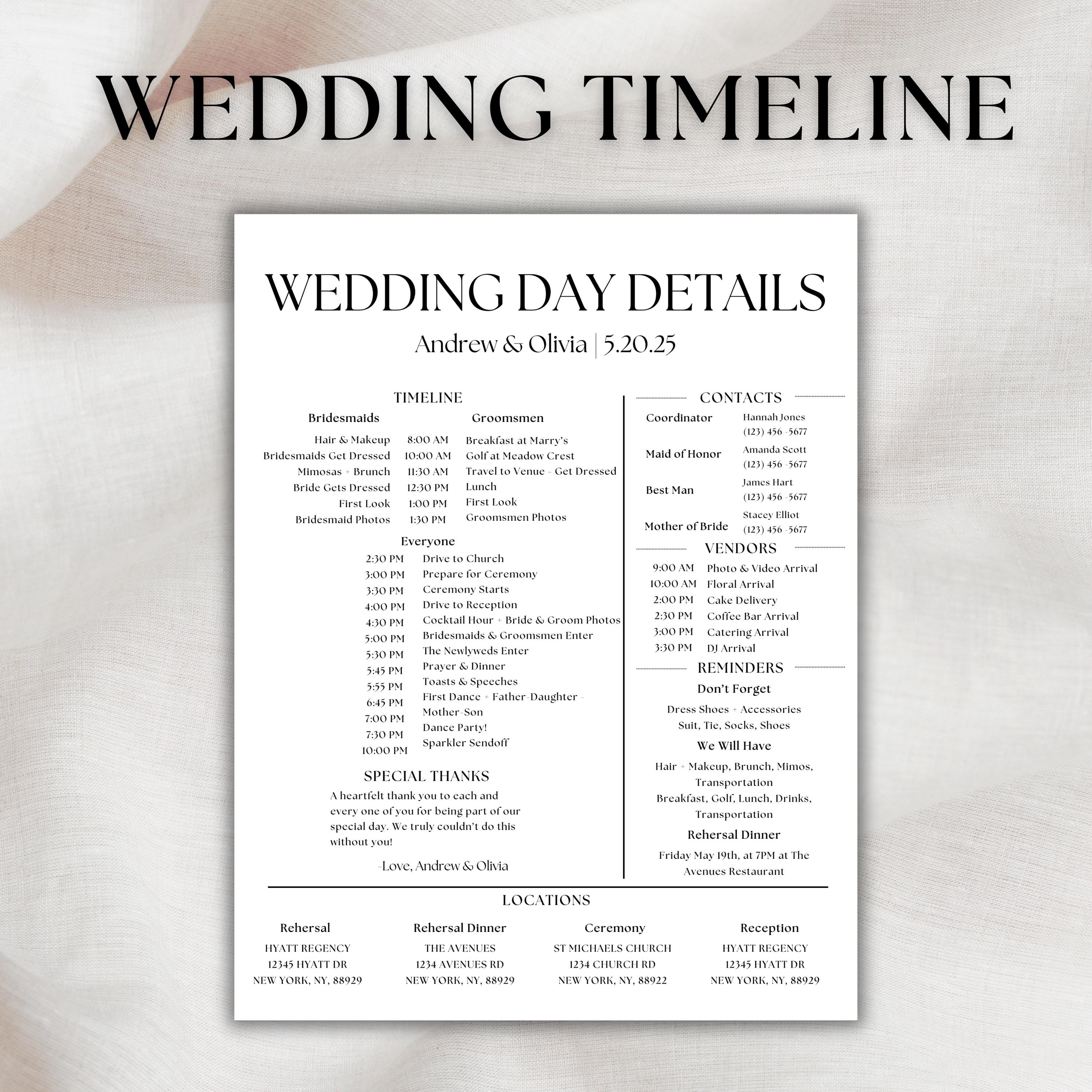 Wedding Day Timeline Template, Editable Schedule for Ceremony ...