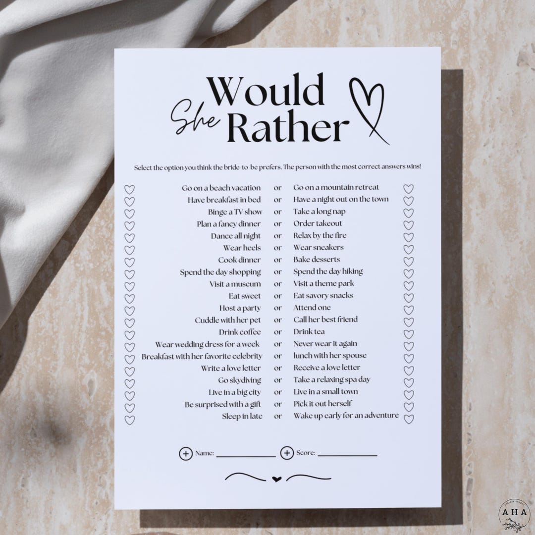 Would She Rather Bridal Shower Game Template | Printable & Interactive ...