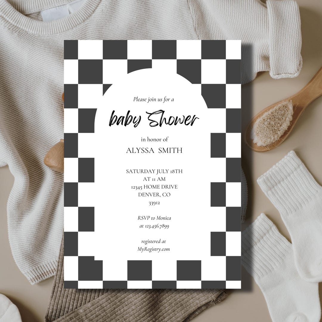 Checkerboard Baby Shower Invitation Neutral Checkers Baby Shower Invite ...