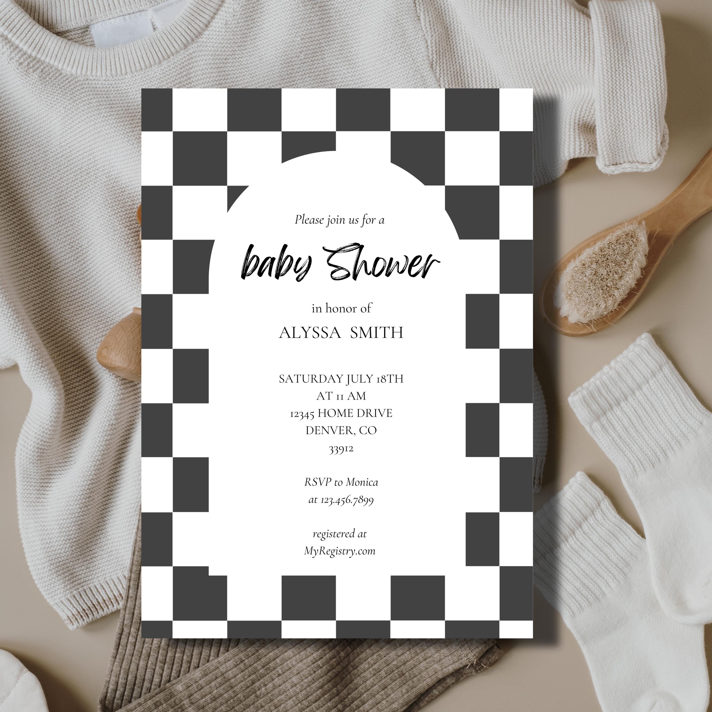 Checkerboard Baby Shower Invitation Neutral Checkers Baby Shower Invite ...
