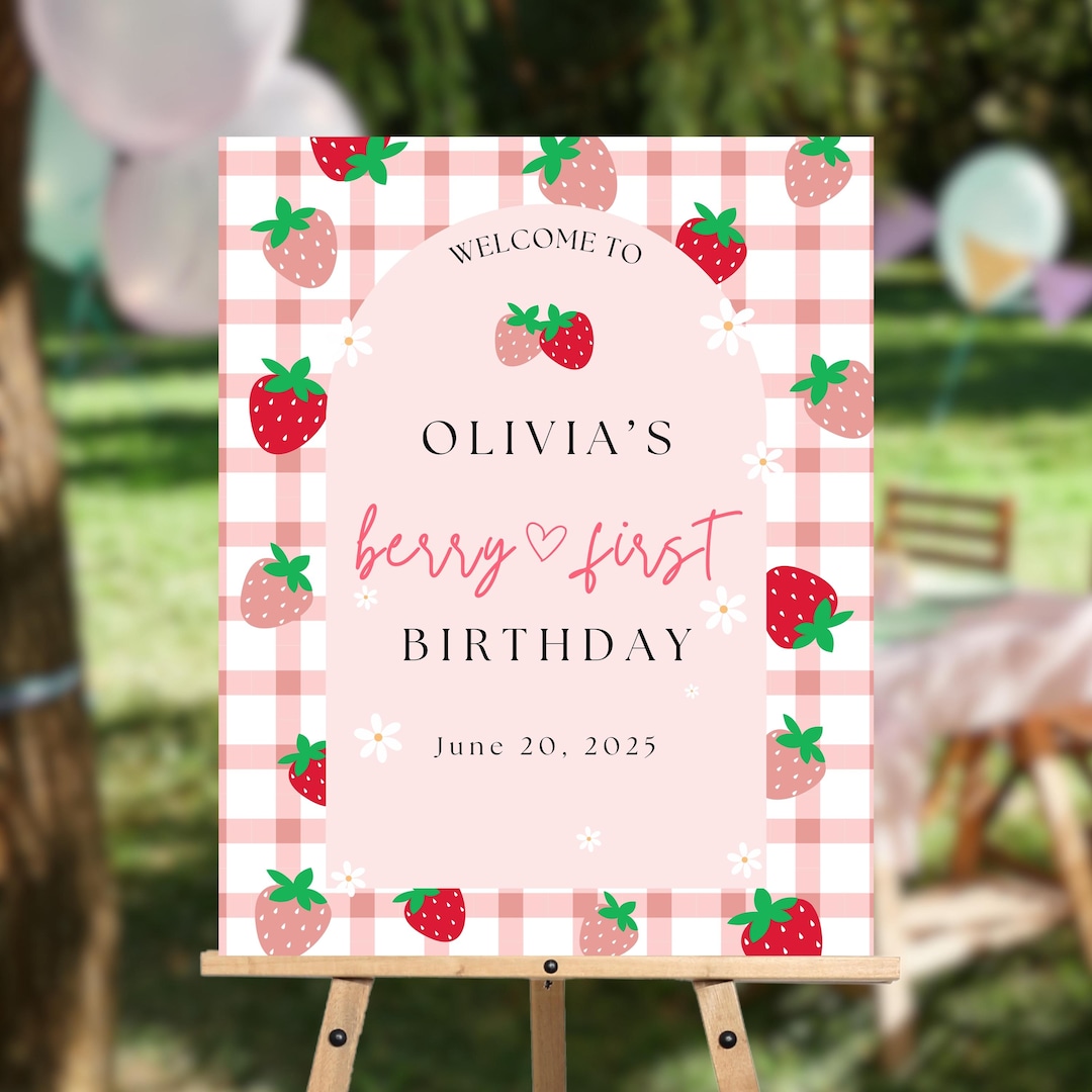 Strawberry First Birthday Welcome Sign, Editable Birthday Sign, Berry ...