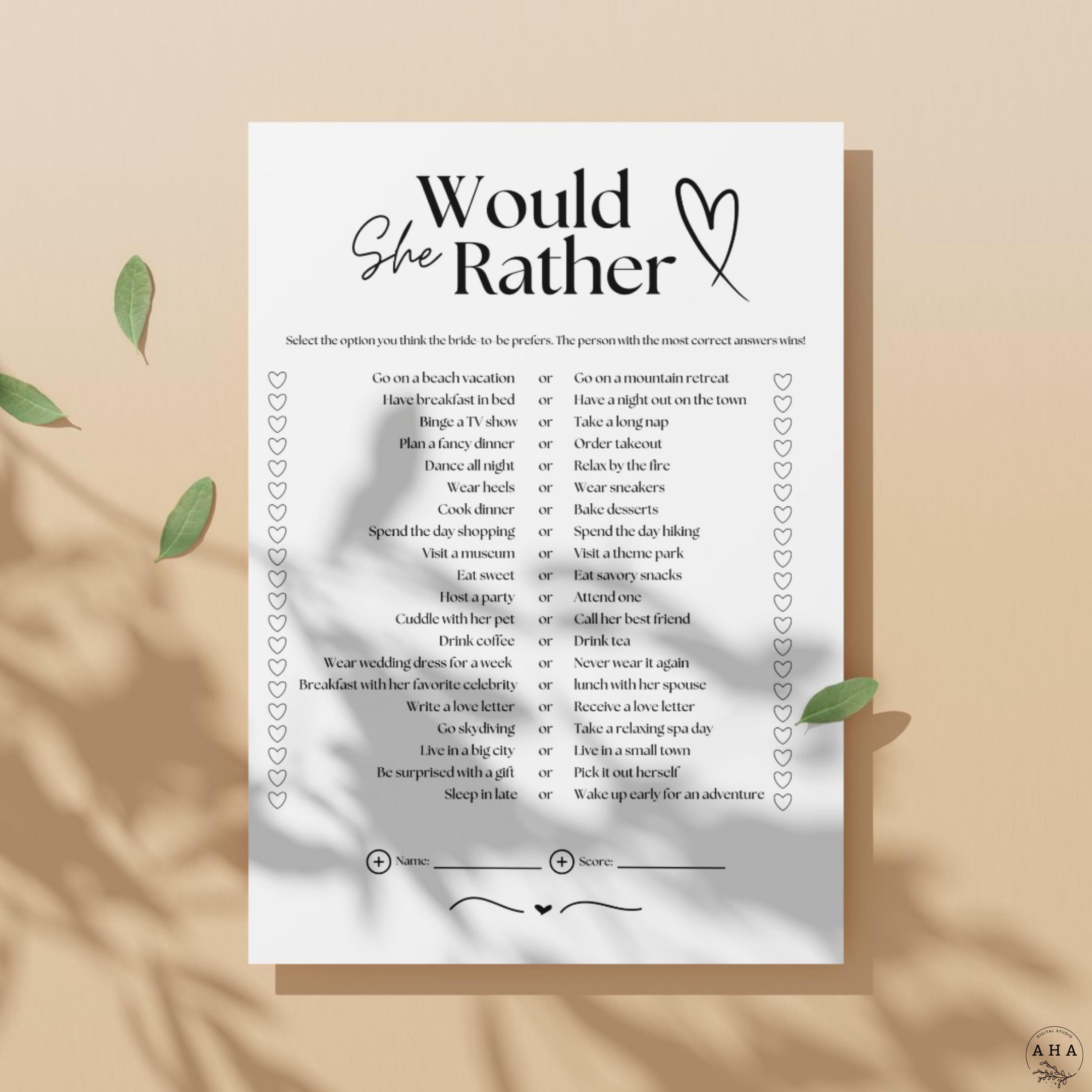 Would She Rather Bridal Shower Game Template | Printable & Interactive ...