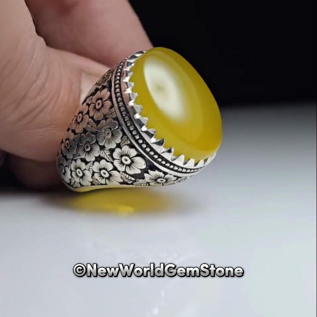 Original Yellow Yemeni Agate Haqeeq Men Ring Unique Aqeeq Agate ...