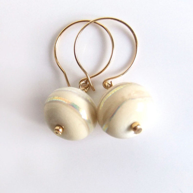 Ivory Glass Lampwork Bead Drop Earrings Handmade Dichroic Glass Gold ...