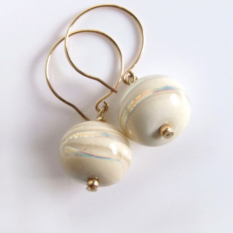 Ivory Glass Lampwork Bead Drop Earrings Handmade Dichroic Glass Gold ...