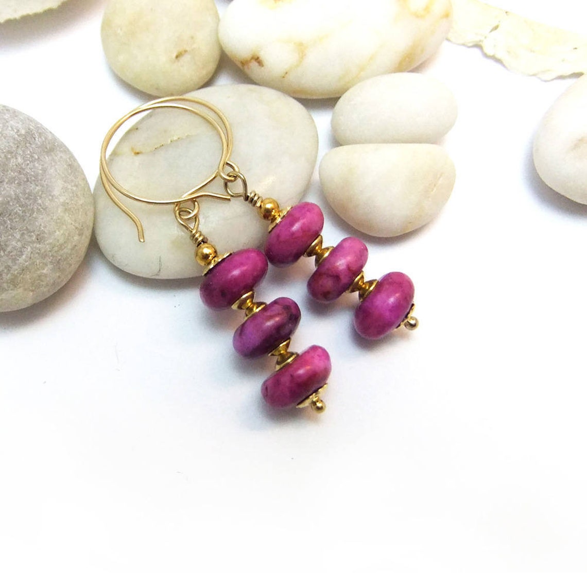 Fuchsia Pink Sugilite Gemstone Bead Drop Earrings Handmade | Etsy