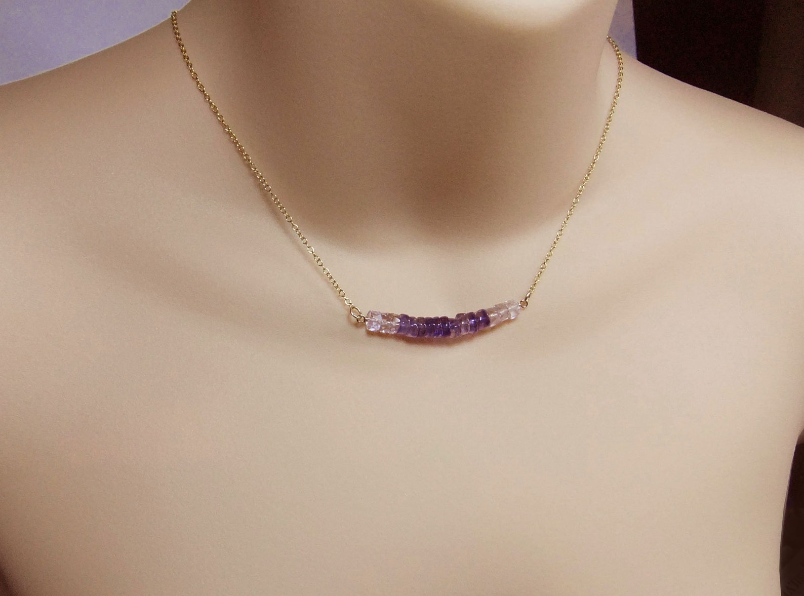 Amethyst Gemstone Bar Necklace Handmade Gold Filled Chain Delicate ...