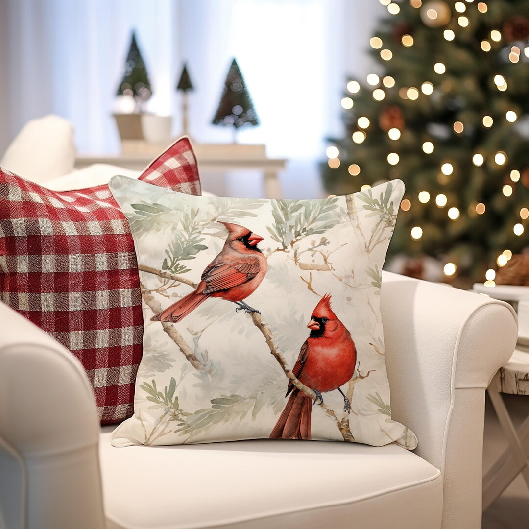 Christmas Pillow - Vintage Cardinal Bird & Snowman Design - Winter ...