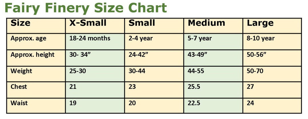 Fairy Finery Size Chart - Etsy