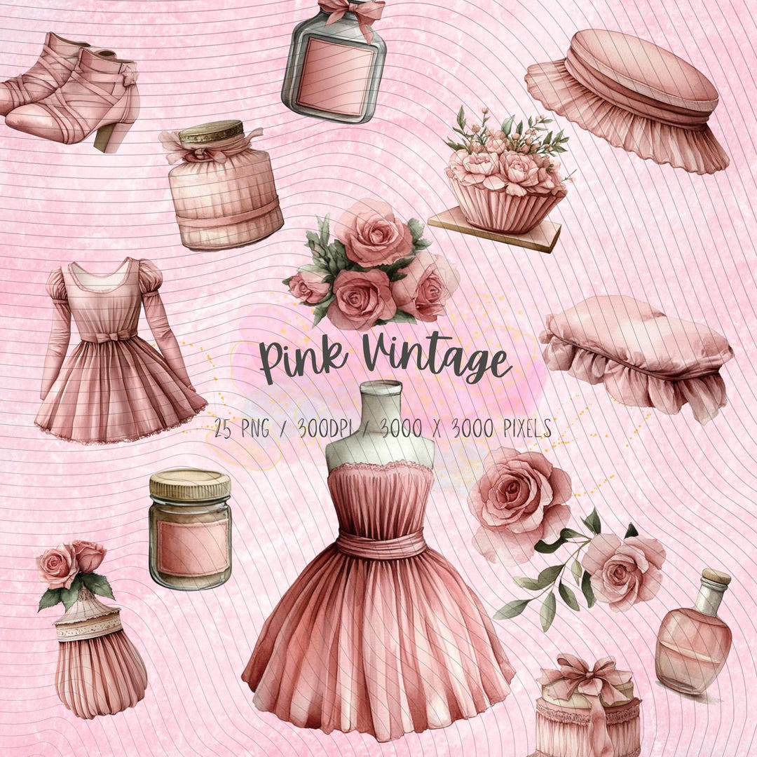 Watercolor Pink Vintage Clipart: 25 PNG Illustrations (digital Download ...