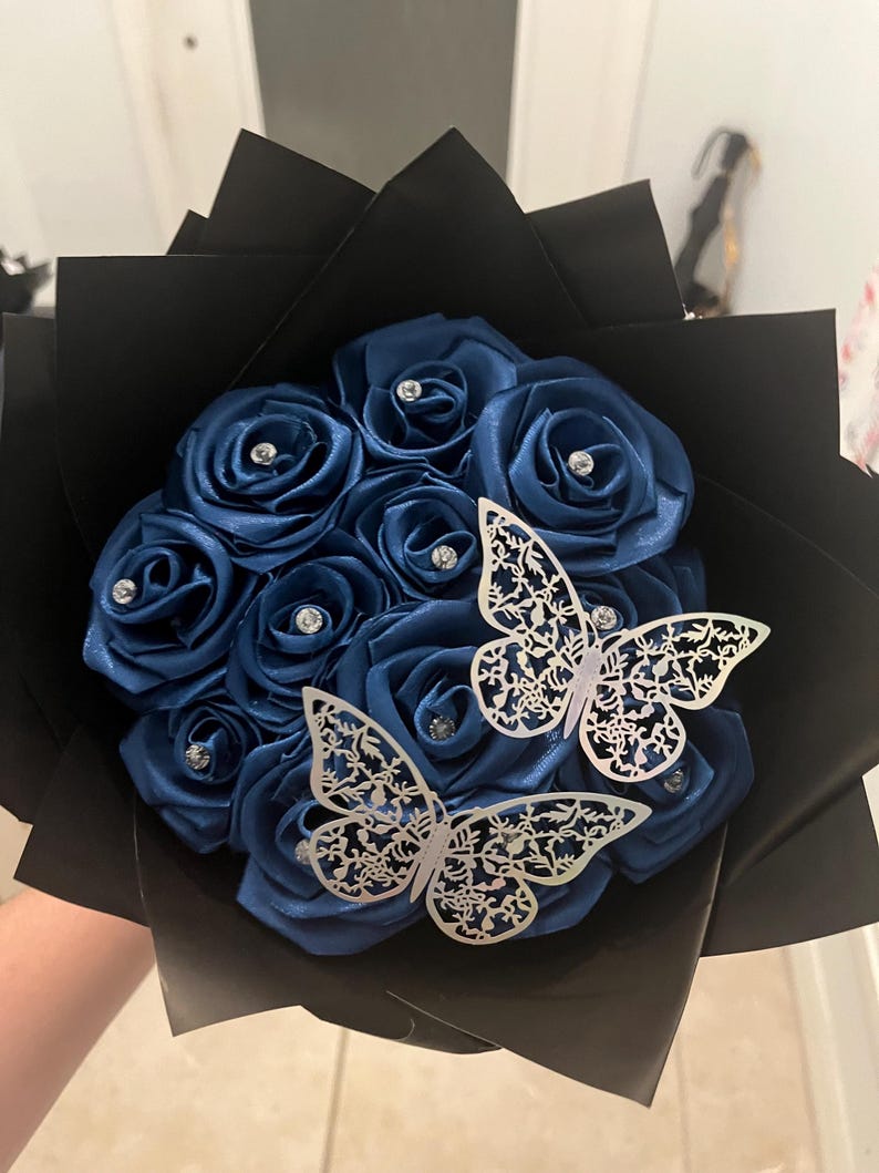 Navy Blue Ribbon Rose Bouquet| 12 Count| Blue Eternal Flowers| Navy ...