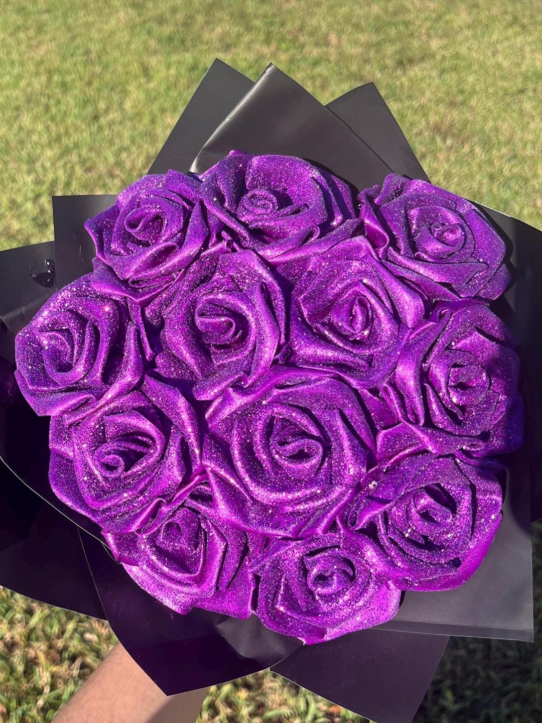 Purple Glitter Rose Bouquet Ribbon Rose Bouquet| 12 Count| | Eternal ...