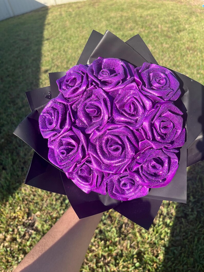 Purple Glitter Rose Bouquet Ribbon Rose Bouquet| 12 Count| | Eternal ...