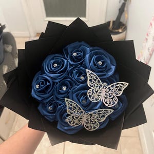 Navy Blue Ribbon Rose Bouquet| 12 Count| Blue Eternal Flowers| Navy ...
