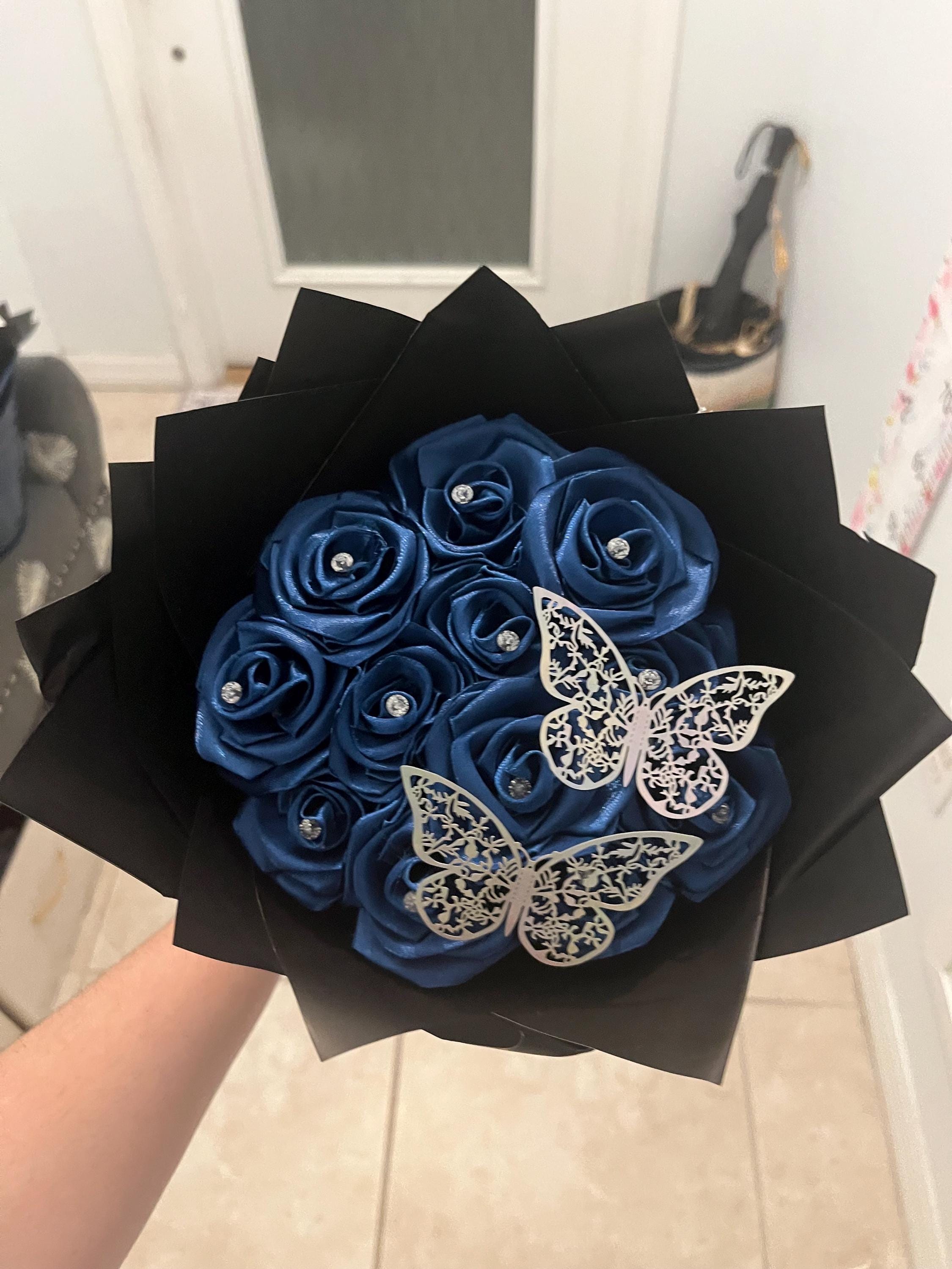 Navy Blue Ribbon Rose Bouquet| 12 Count| Blue Eternal Flowers| Navy ...