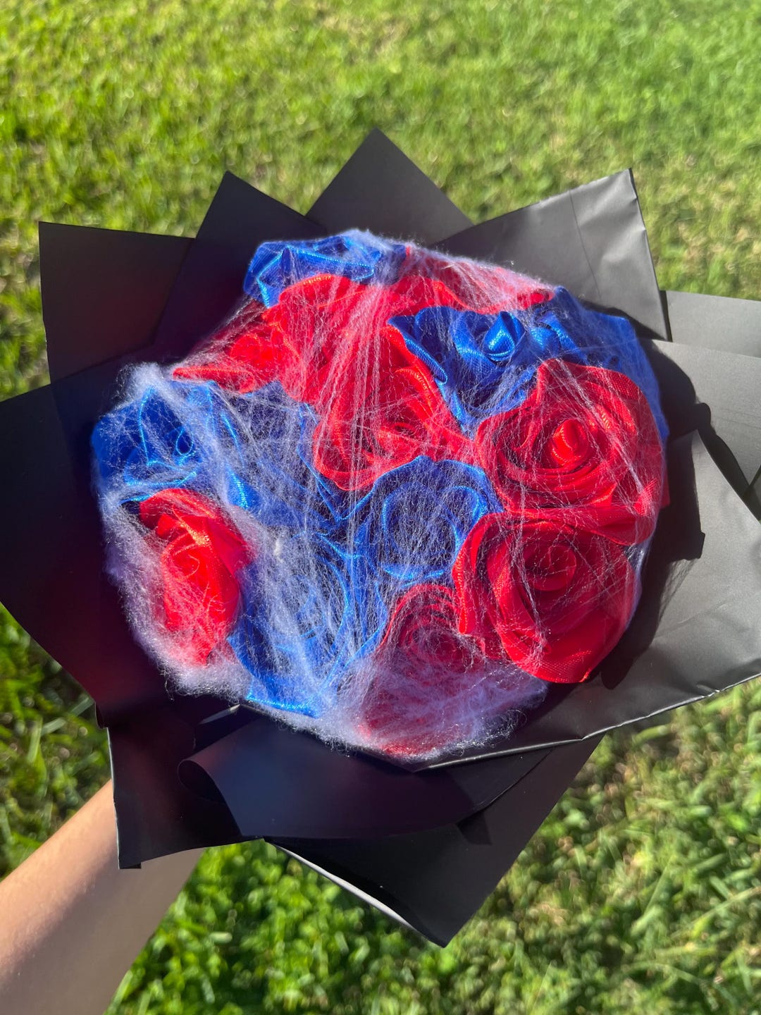 Spider-man Themed Ribbon Rose Bouquet 15 Count With Webs - Etsy