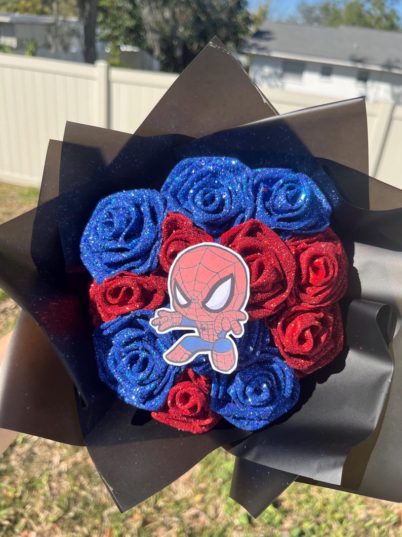 Spider Man Red and Blue Eternal Glitter Rose Bouquet 12 Count ...