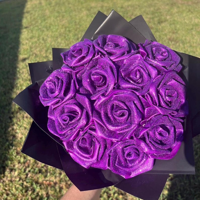 Purple Glitter Rose Bouquet Ribbon Rose Bouquet| 12 Count| | Eternal ...