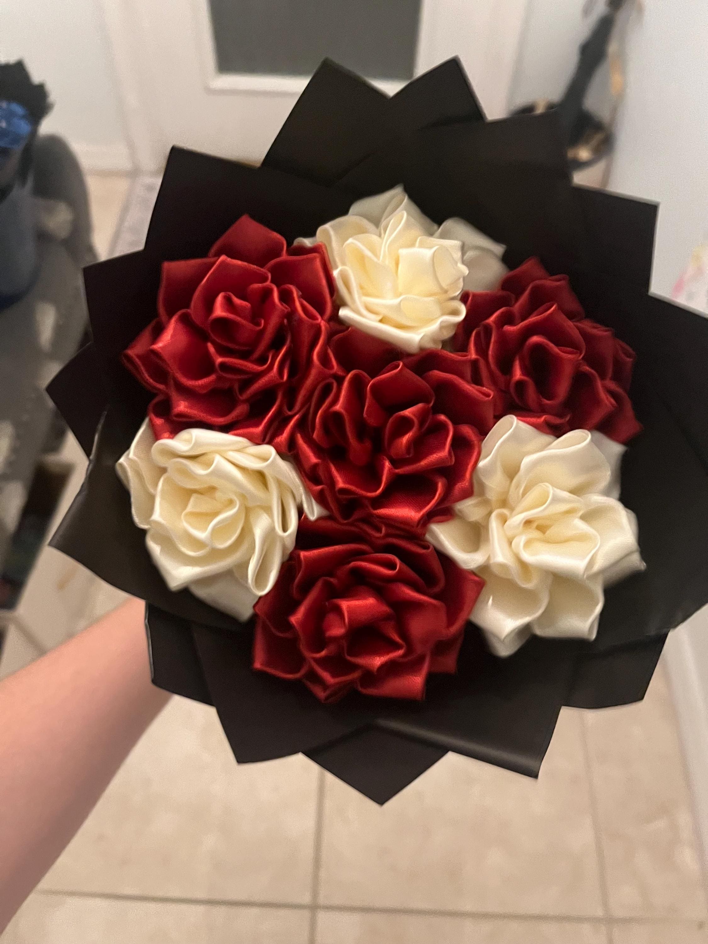 Red Dahlia Eternal Ribbon Flower Bouquet| 7 Count| Red and Cream ...