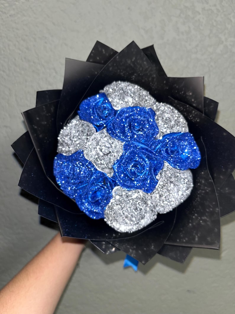 Royal Blue and Silver Glitter Bouquet 12 Count| Blue & Silver Bouquet ...
