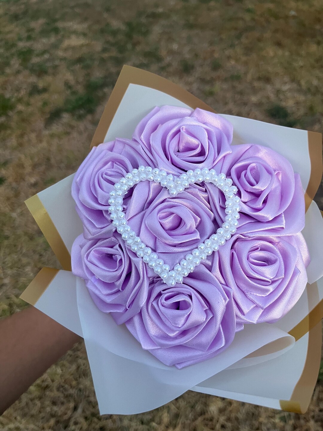 Purple Eternal Ribbon Roses| 7 Count With Pearl Heart| Purple Ramo ...