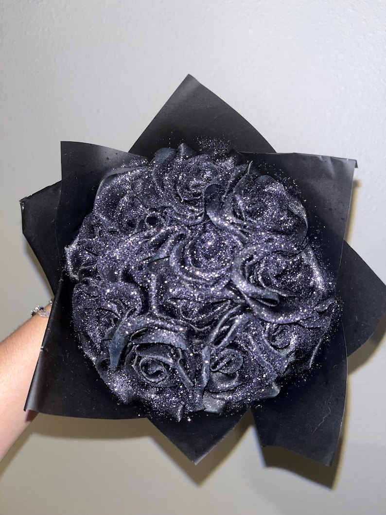 Black Ribbon Rose Eternal Bouquet | 12 Count| Choose With Glitter or ...