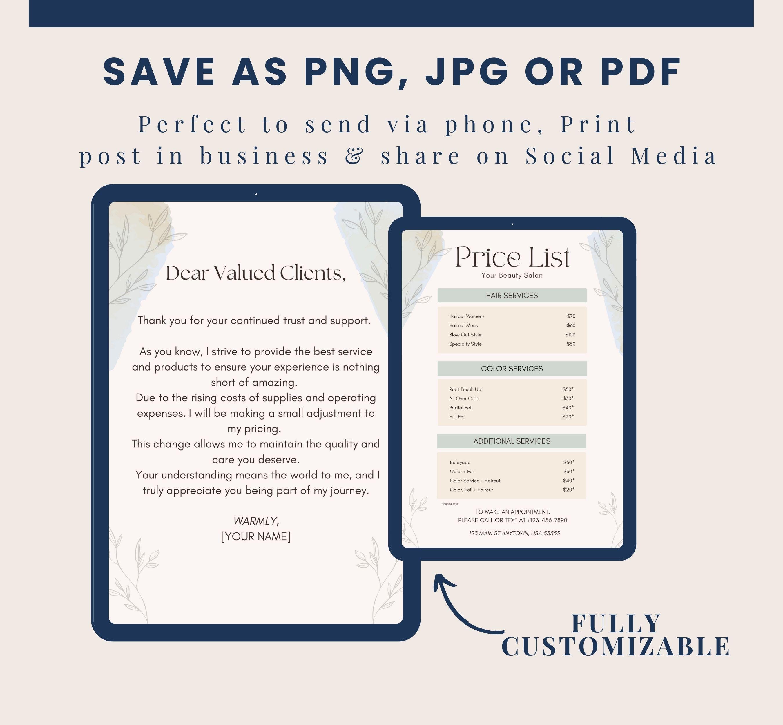 Salon Price Increase Notice Template Hairstylist Price List Sign Scan ...