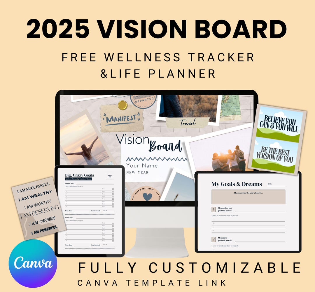 Vision Board Printable Template Kit and Digital Manifestation Planner ...