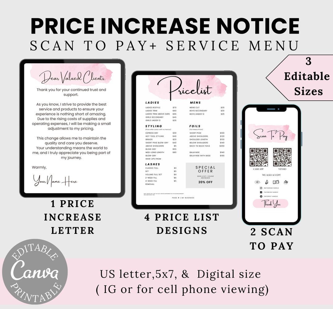 Salon Price Increase Notice, Price List Template, QR Code Scan-to-pay ...