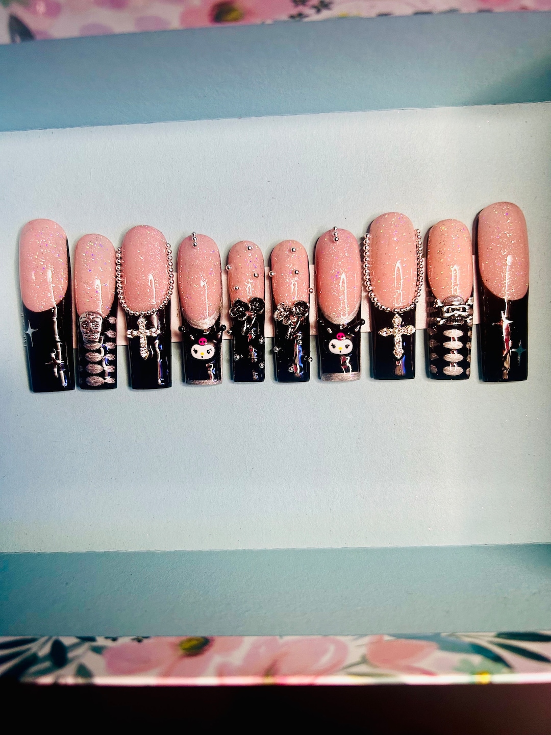 Black Kawaii Nail Art Dark Nail Inspo Press-on Nails Bling Nails Shiny ...