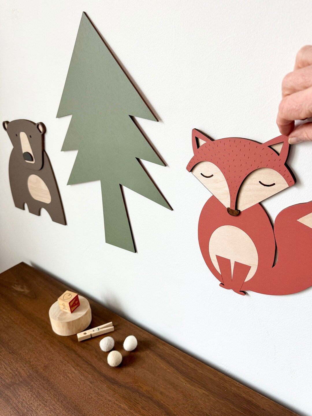 Woodland Wall Art Set, Bear, Pine Tree and Fox for Forest Themed Kids Room, Animal Wooden Wall ...