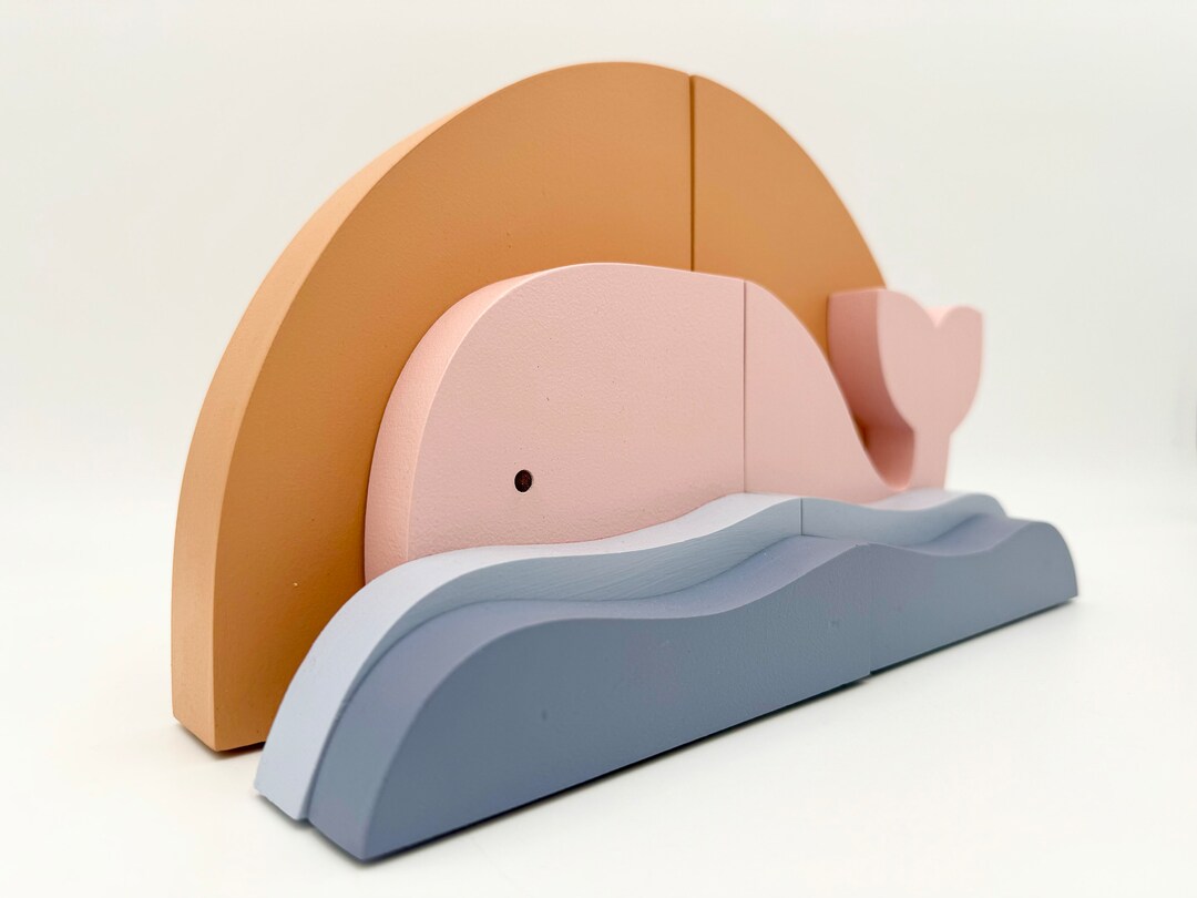 Pink Whale and Waves Bookends, Children’s Under the Sea Decor, Nautical ...