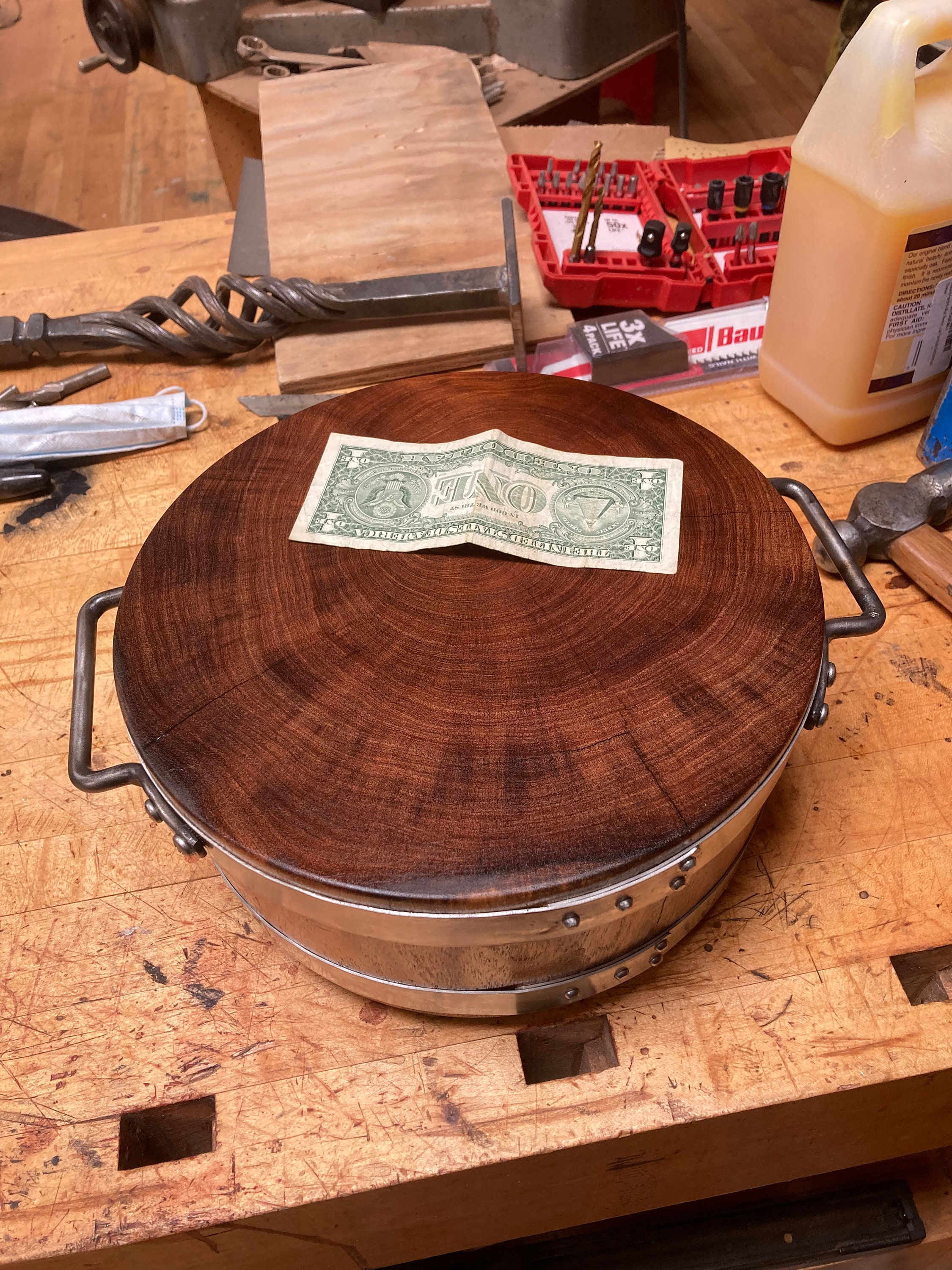 Mesquite Wood Cutting Board Round With Forged Stainless Hoop and ...
