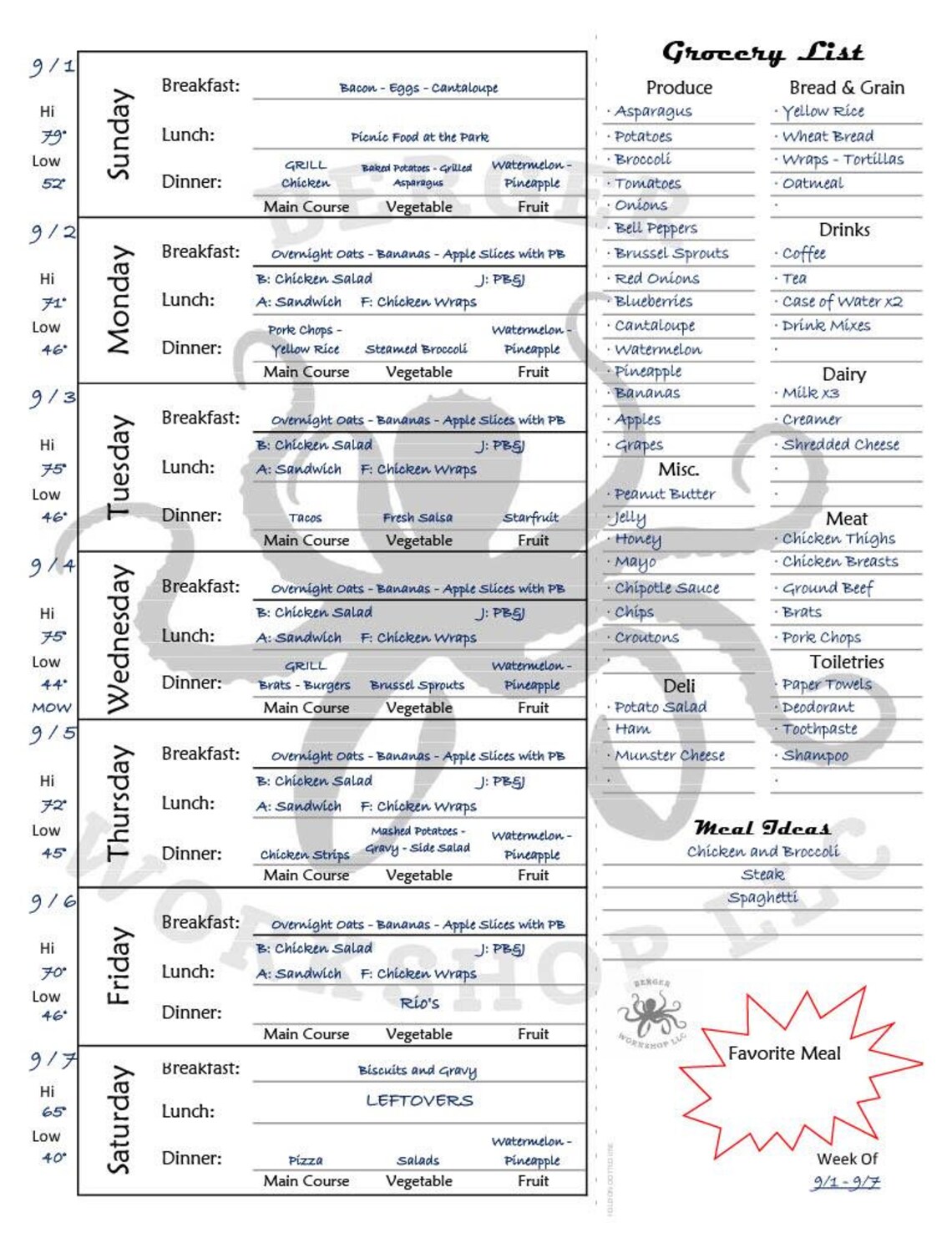 Weekly Meal Planner and Grocery List - Budgeting and Simple Shopping - Etsy