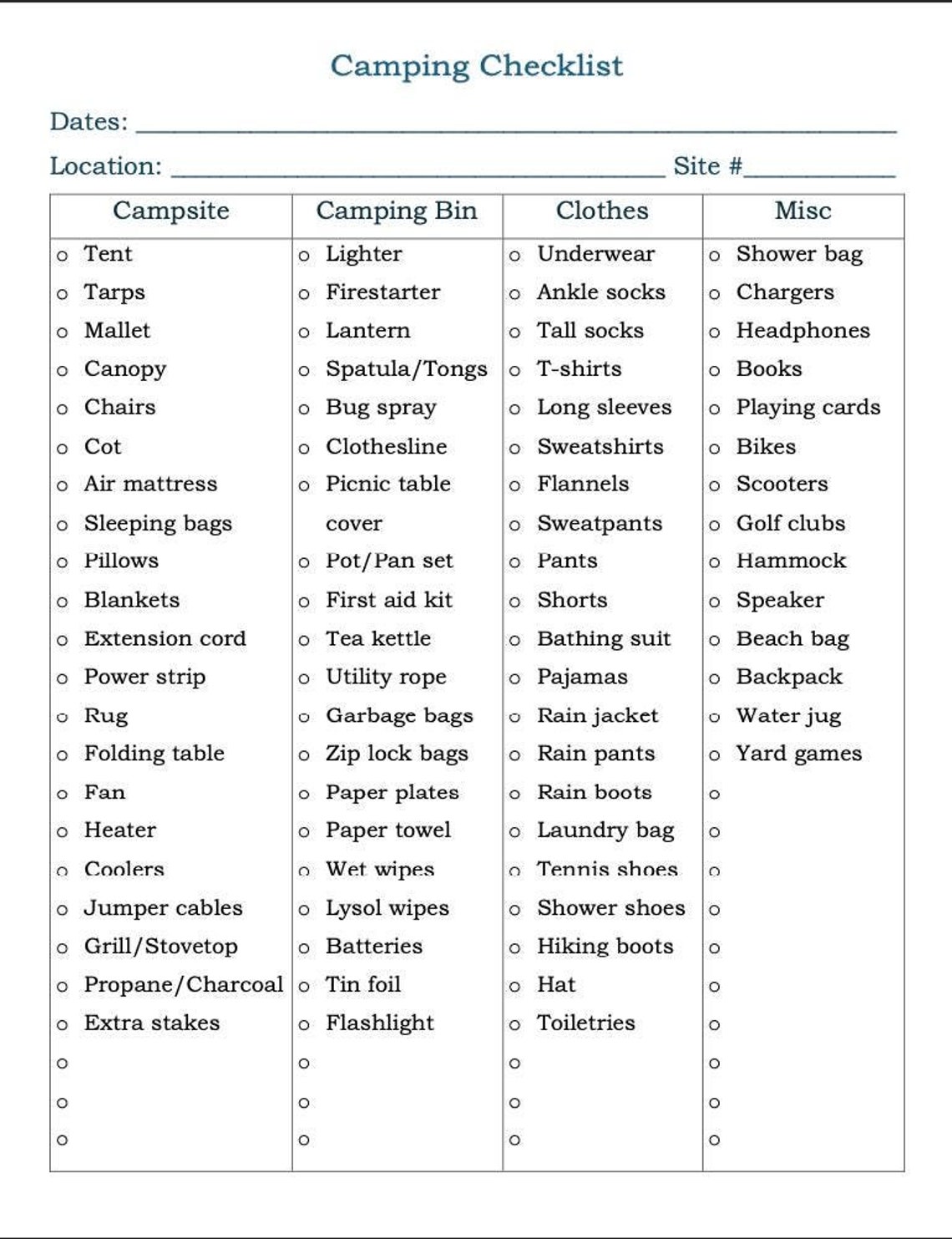 Printable Camping Checklist PDF - Etsy