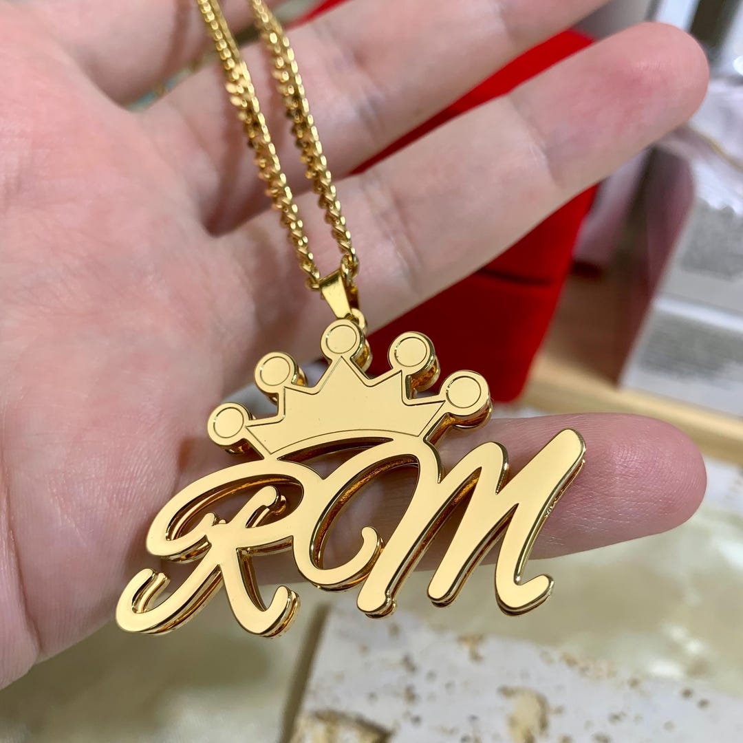 Personalized Gold Name Necklace, Crown Nameplate Necklace, Custom Two ...