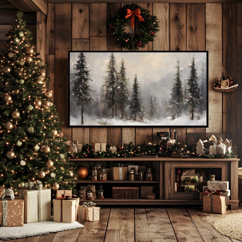 Winter Tree Forest Frame Tv Art Christmas Landscape Painting Snowy ...