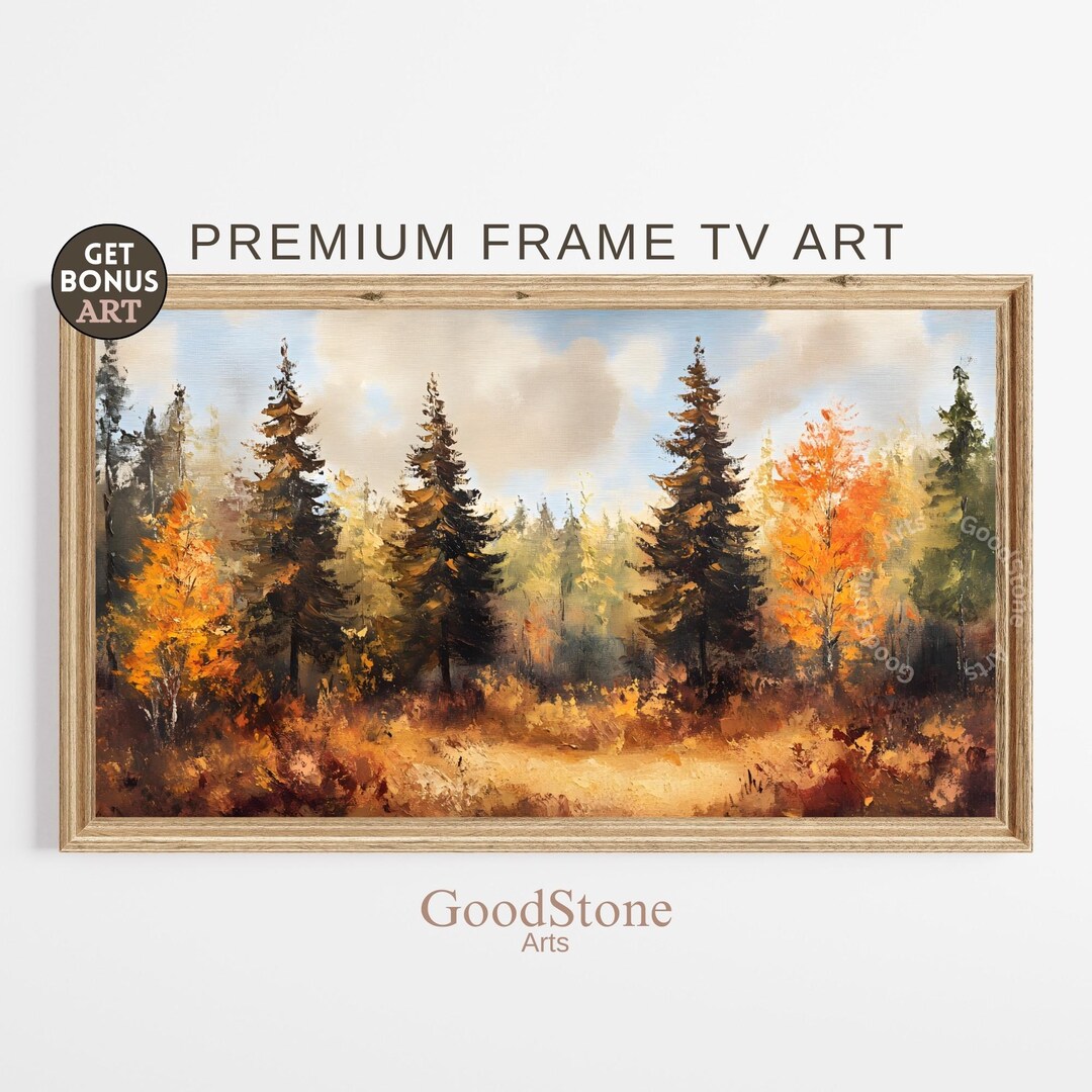 Fall Trees Frame TV Art, Autumn Landscape Painting, Rustic Country ...