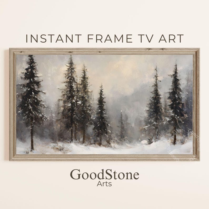 Winter Tree Forest Frame Tv Art Christmas Landscape Painting Snowy ...