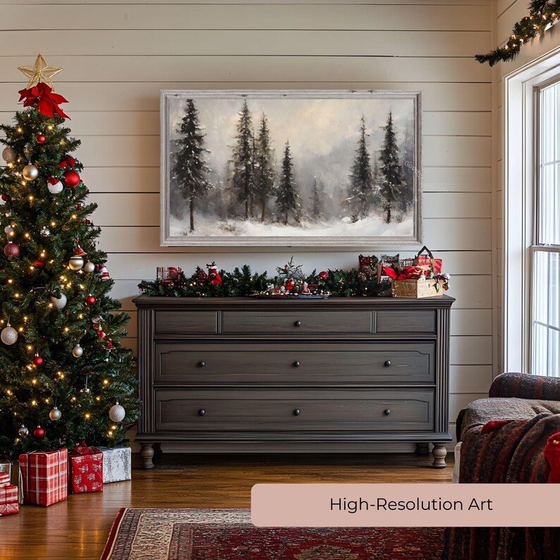 Winter Tree Forest Frame Tv Art Christmas Landscape Painting Snowy ...