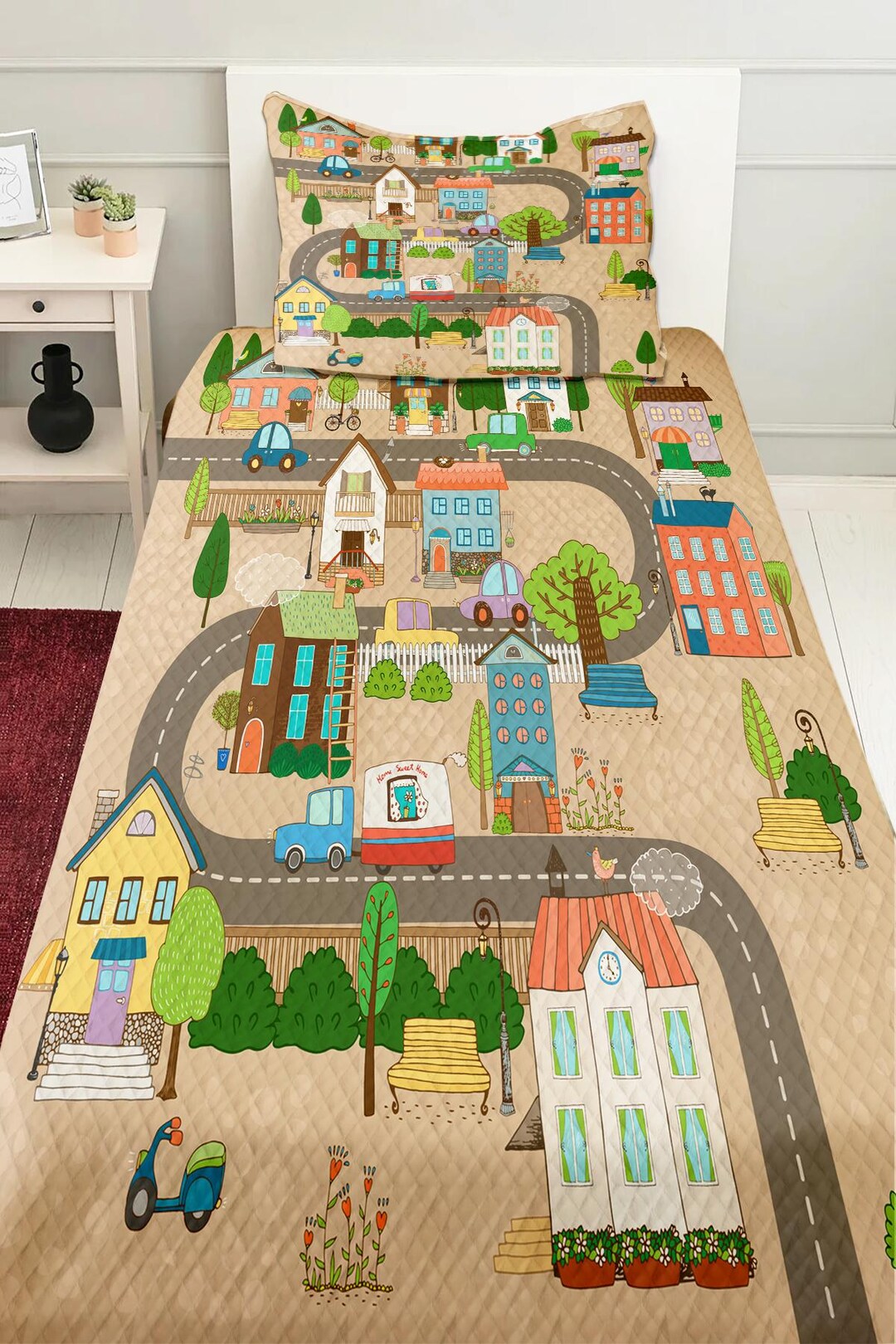 Colorful Town Map Pattern Duvet Linens Set, Neighborhood City Patterned ...