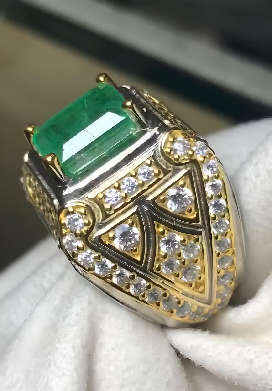 Men's Handmade Sterling Silver Crown Emerald Ring - Natural Zamurd ...