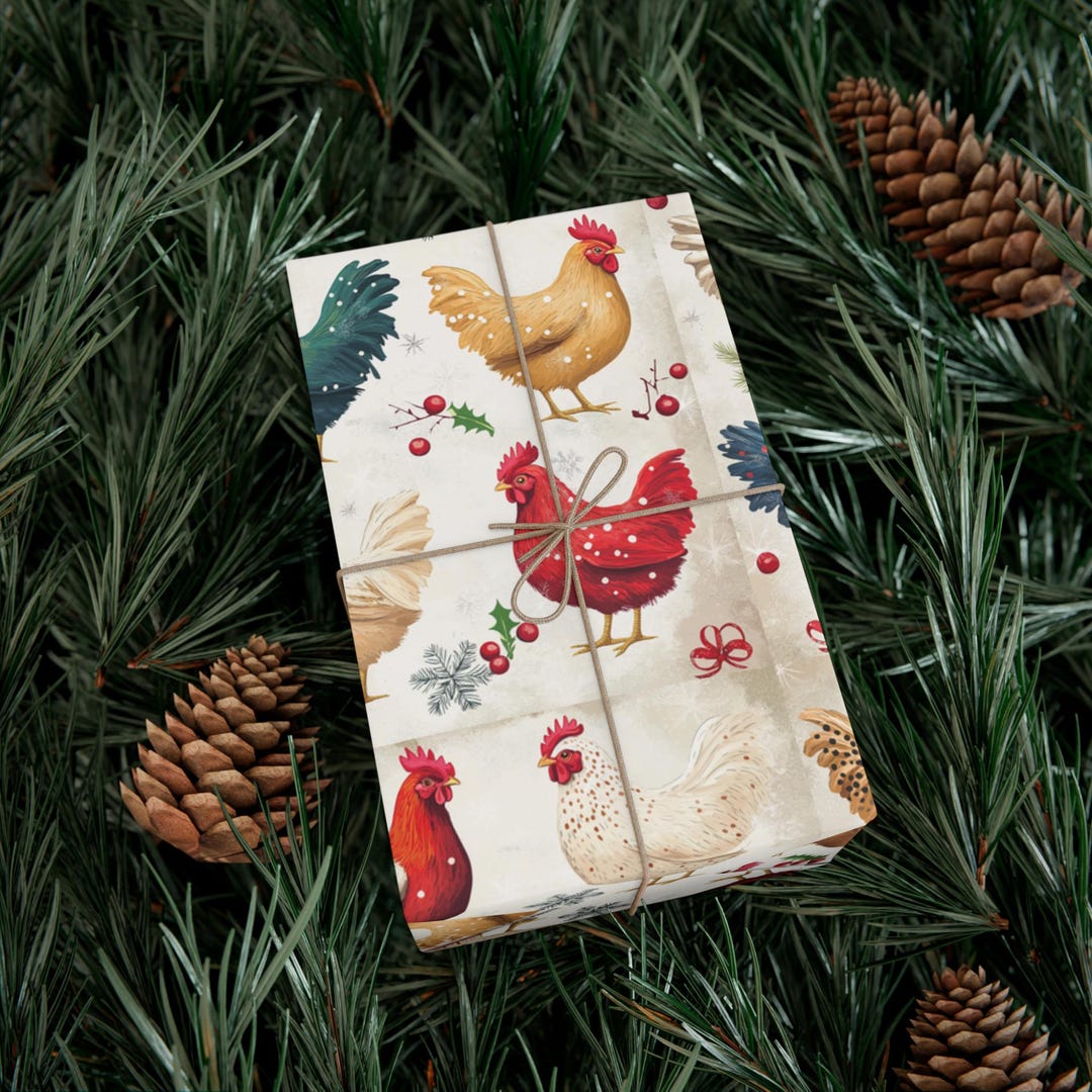 Vintage Chickens and Holly Gift Wrap Roll, Christmas Wrapping Paper ...