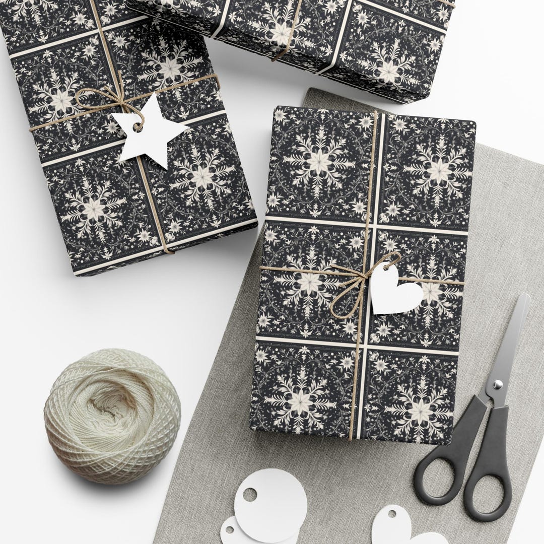 Black and White Wrapping Paper, Vintage Snowflake Gift Wrap, Vintage ...
