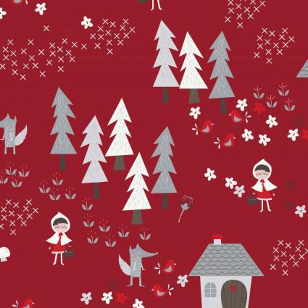 Little Red & Wolf in Forest Cottages on Red by Clothworks Fabrics, Item ...