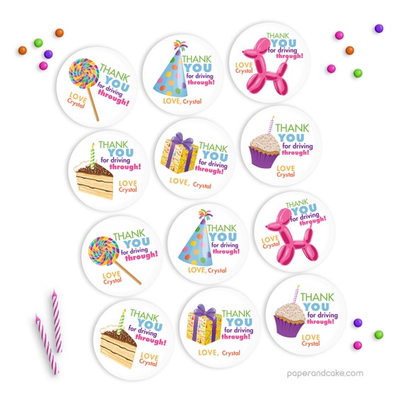 Happy Birthday Favor Stickers, Balloon Animal, Cupcake Party Stickers ...