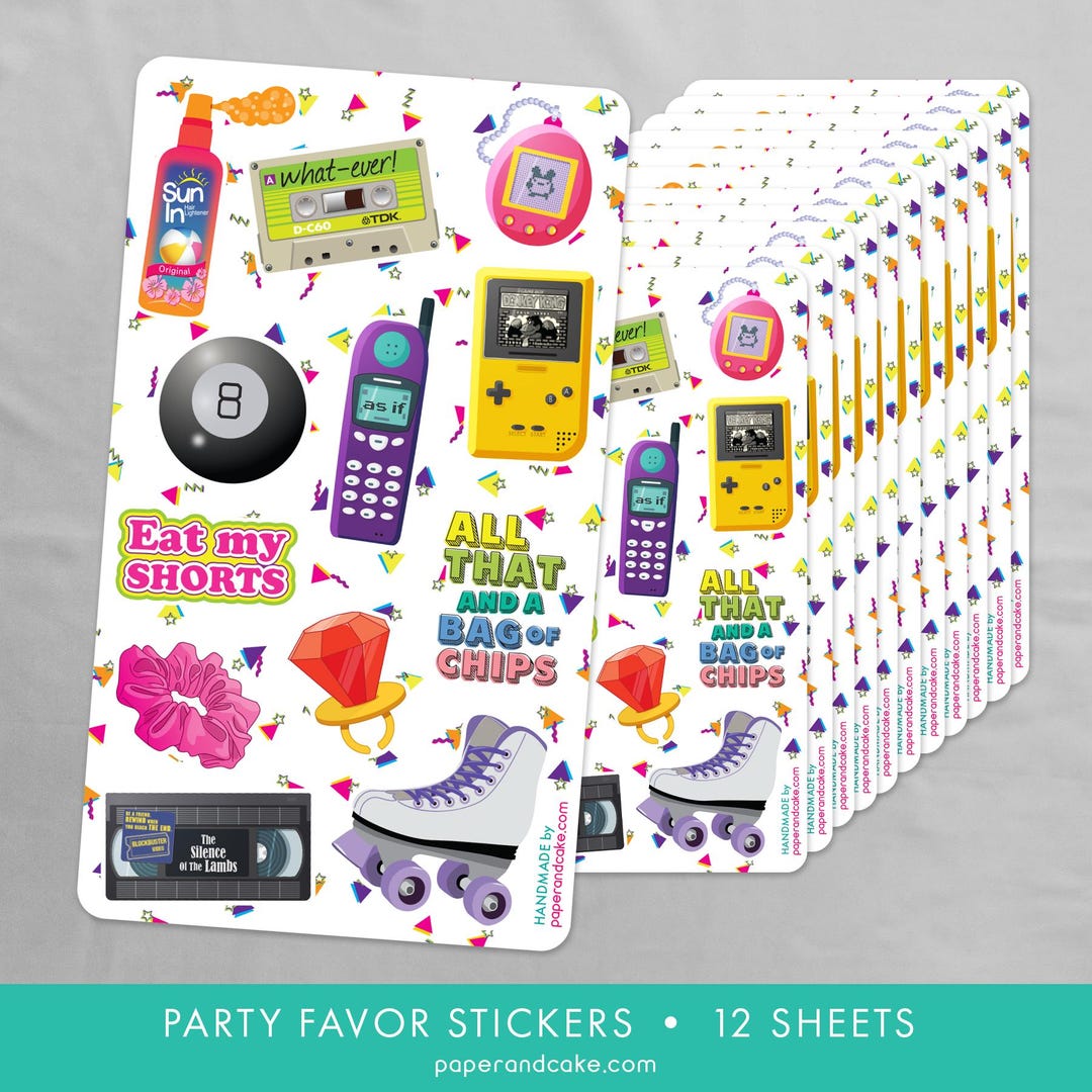 12 90s Sticker Sheets | Nineties Party Favors | 1990 Birthday Stickers ...