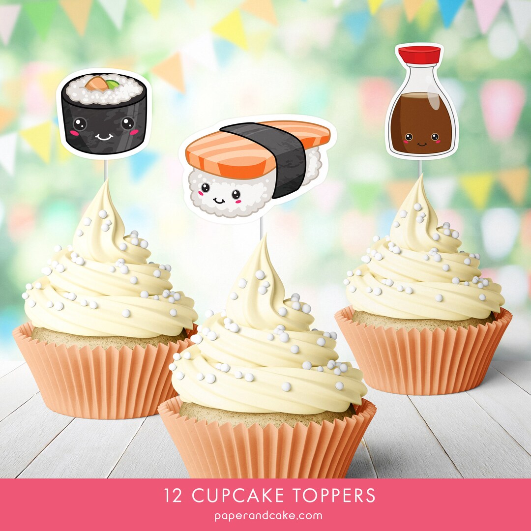 12 Sushi Cupcake Toppers, Cute Kawaii I Love Sushi Birthday Treat Picks ...