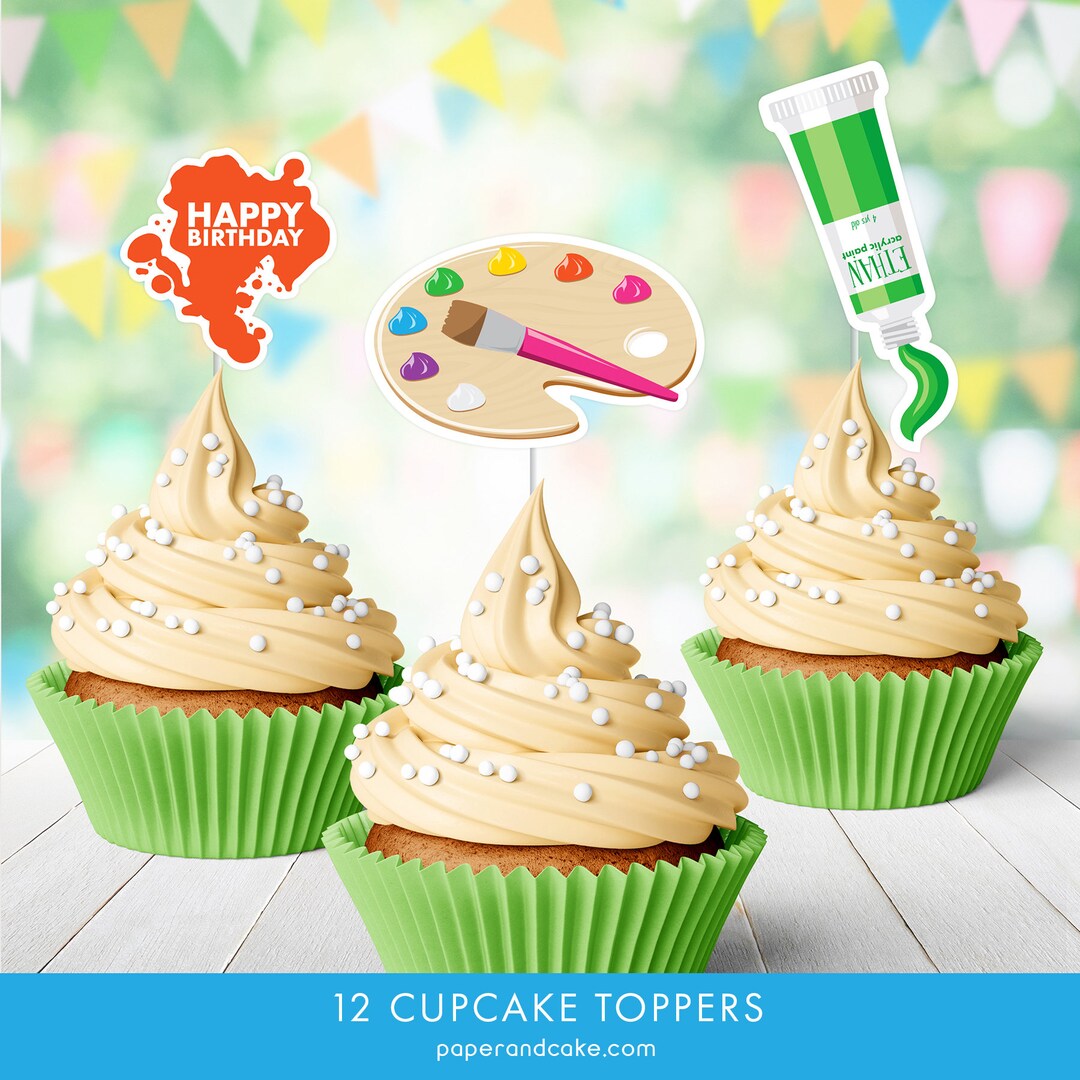 12 Art Party Cupcake Toppers, Paint Birthday Treat Picks PERSONALIZED ...